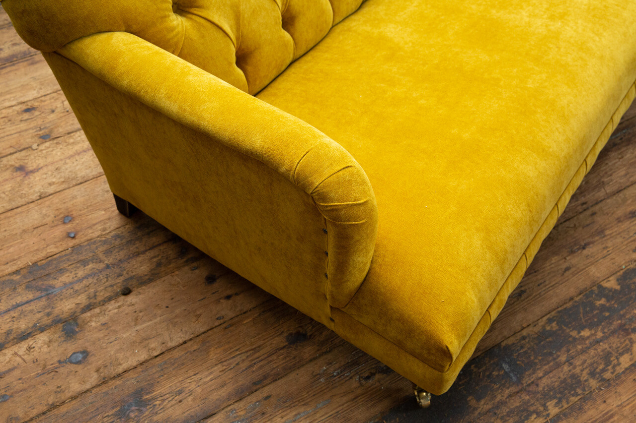 LARGE HANDMADE 4 SEATER MUSTARD GOLD TEXTURED VELVET LOW CHESTERFIELD ...