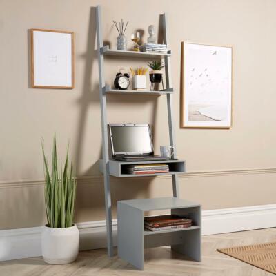 Grey 3 Tier Ladder Desk Unit Home Office Shelving Storage with Stool ...