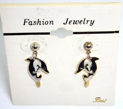 Vintage "BEST" DOLPHIN Two Tone Metal Dangle Pierced Earrings NOC NOS ...