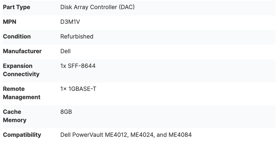 Dell D3M1V PowerVault ME4012 ME4024 ME4084 10GBASE-T iSCSI 8GB Cache ...