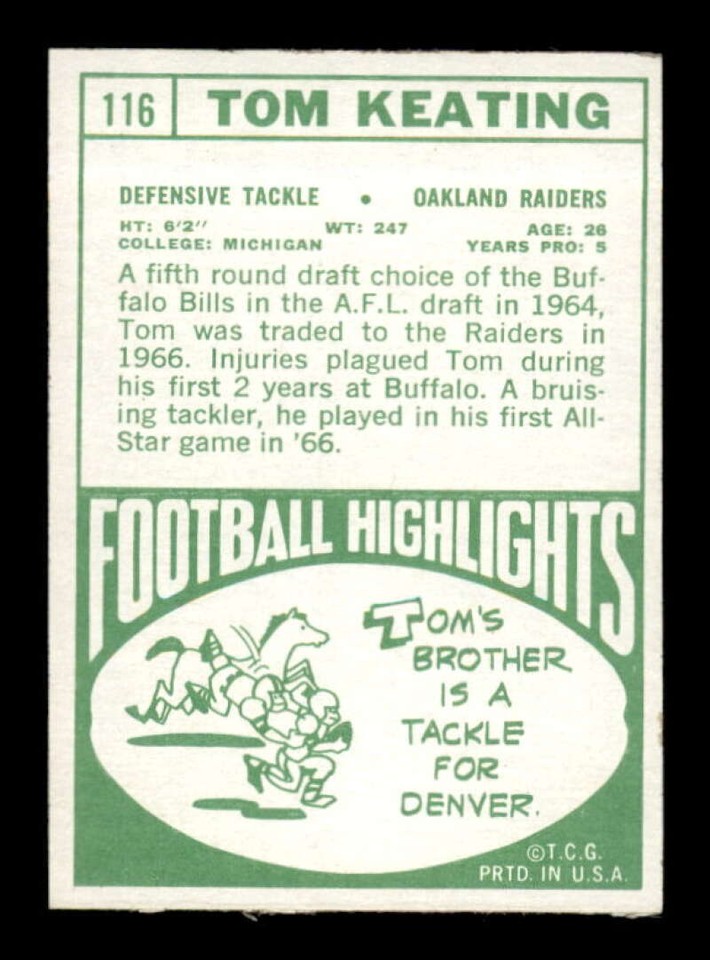 1968 Topps #116 Tom Keating EXMT+ Raiders 563094 | eBay