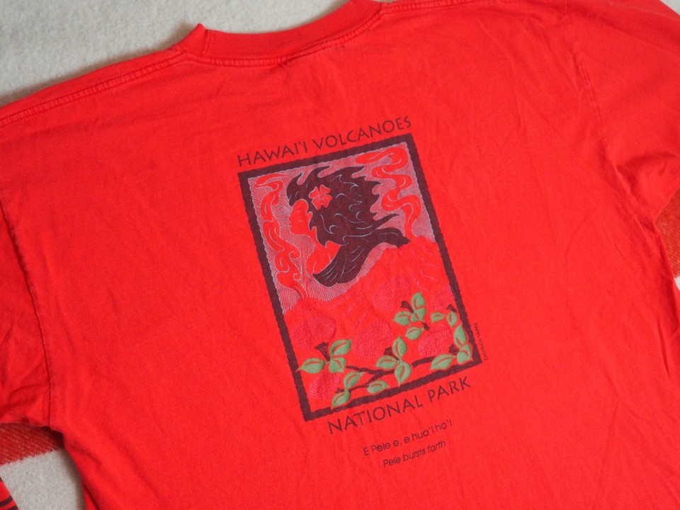 VTG 90s Hawaiian Volcano Pele National Park Art Red L/S Hawaii Tee T ...