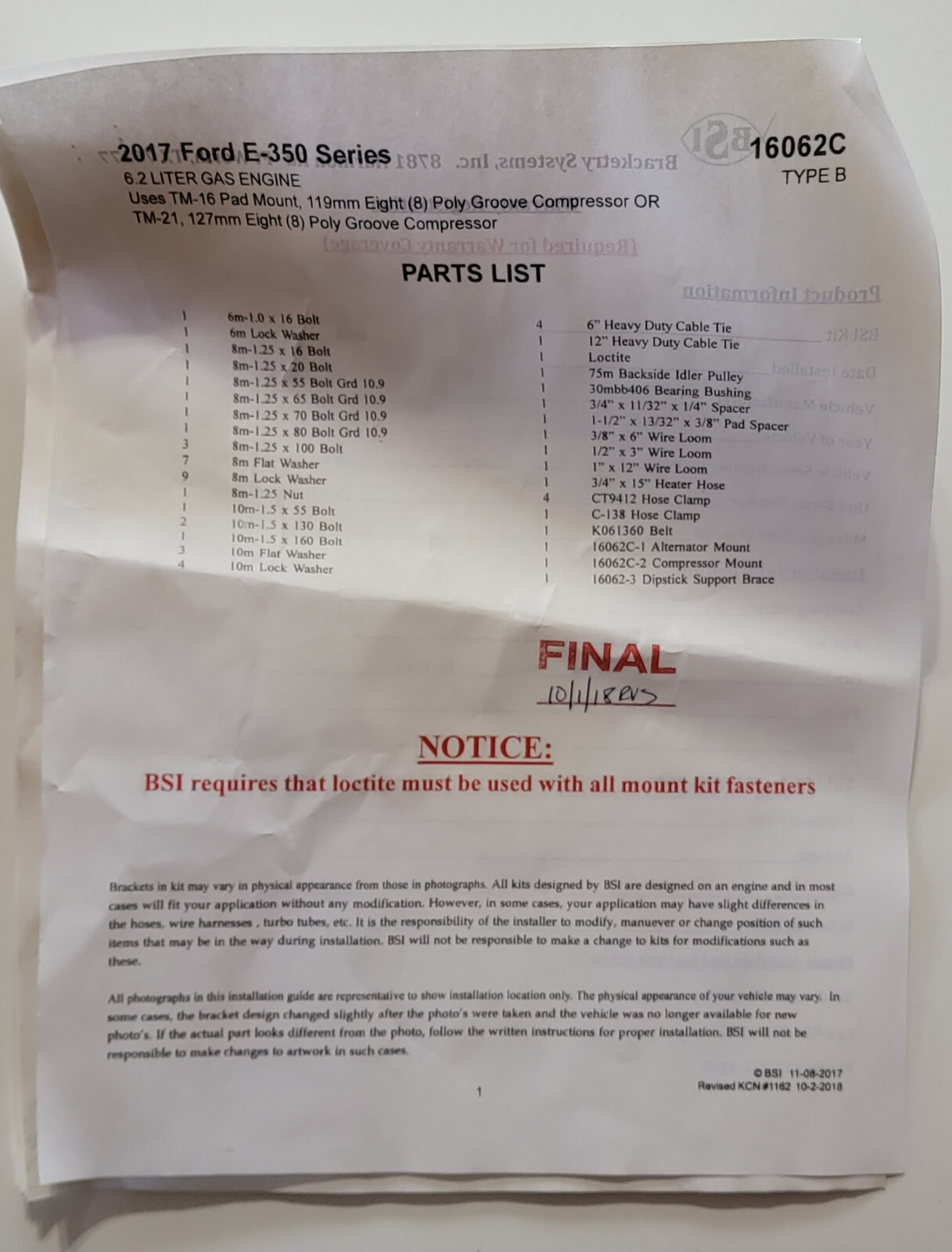 TM16 TM21 Compressor Mount Kit 2017-2019 Ford E-350 6.2 Ltr Gas BSI ...