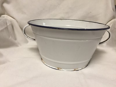 Vintage White Enamelware Colander w/ Cobalt Blue Rim ~2 Handles ~ EN50 ...