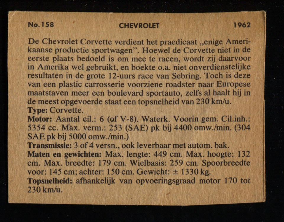 Chevrolet Corvette 1962 Vintage 1960s Dutch Trading Card | eBay