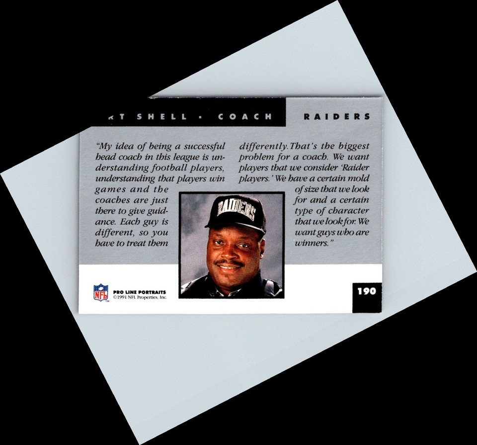 1991 Pro Line Portraits Art Shell #190 Los Angeles Raiders Football ...