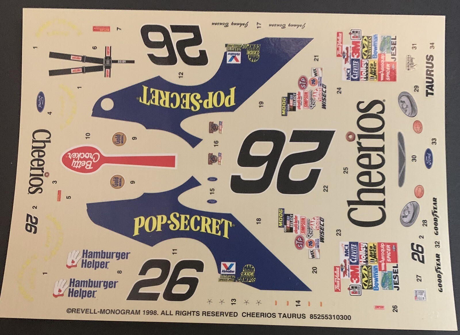 POP-SECRET CHEERIOS Johnny Benson NASCAR- Rev/Mono DECAL 3-#4 Model ...