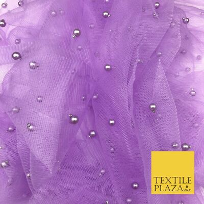 LAVENDER PURPLE Studded Pearl Mesh Net Fabric Bridal Sheer Craft Dress ...