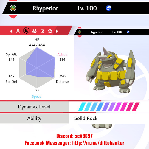Pokemon Sword/Shield 6IV ULTRA SHINY Rhyperior / Solid Rock (Brave ...