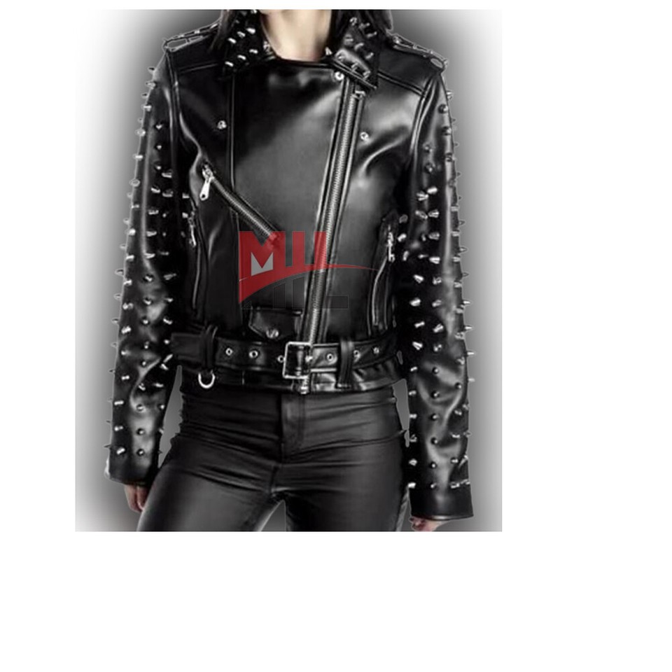 Handmade Women Black Leather Stud And Spiked Motorcycle Jacket, Fashion ...