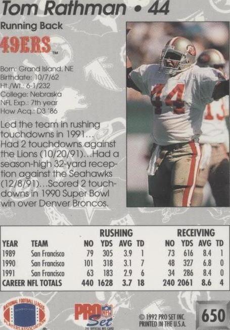 1992 Pro Set Tom Rathman #650 for sale | eBay