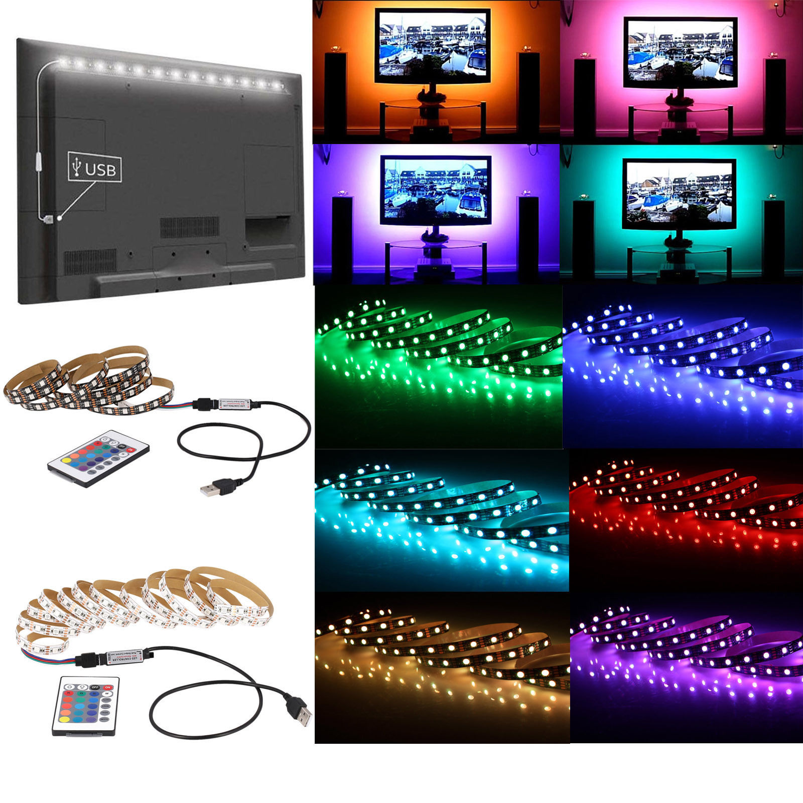 5V USB RGB LED Strip Light 5050 SMD Bar TV Back Lighting Kit + Remote ...