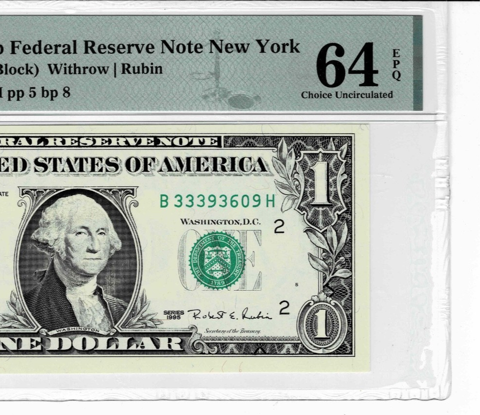 1995 $1 Federal Reserve 'WEB'Note-(New York)- Run 6- 5/8-PMG UNC 64 EPQ ...