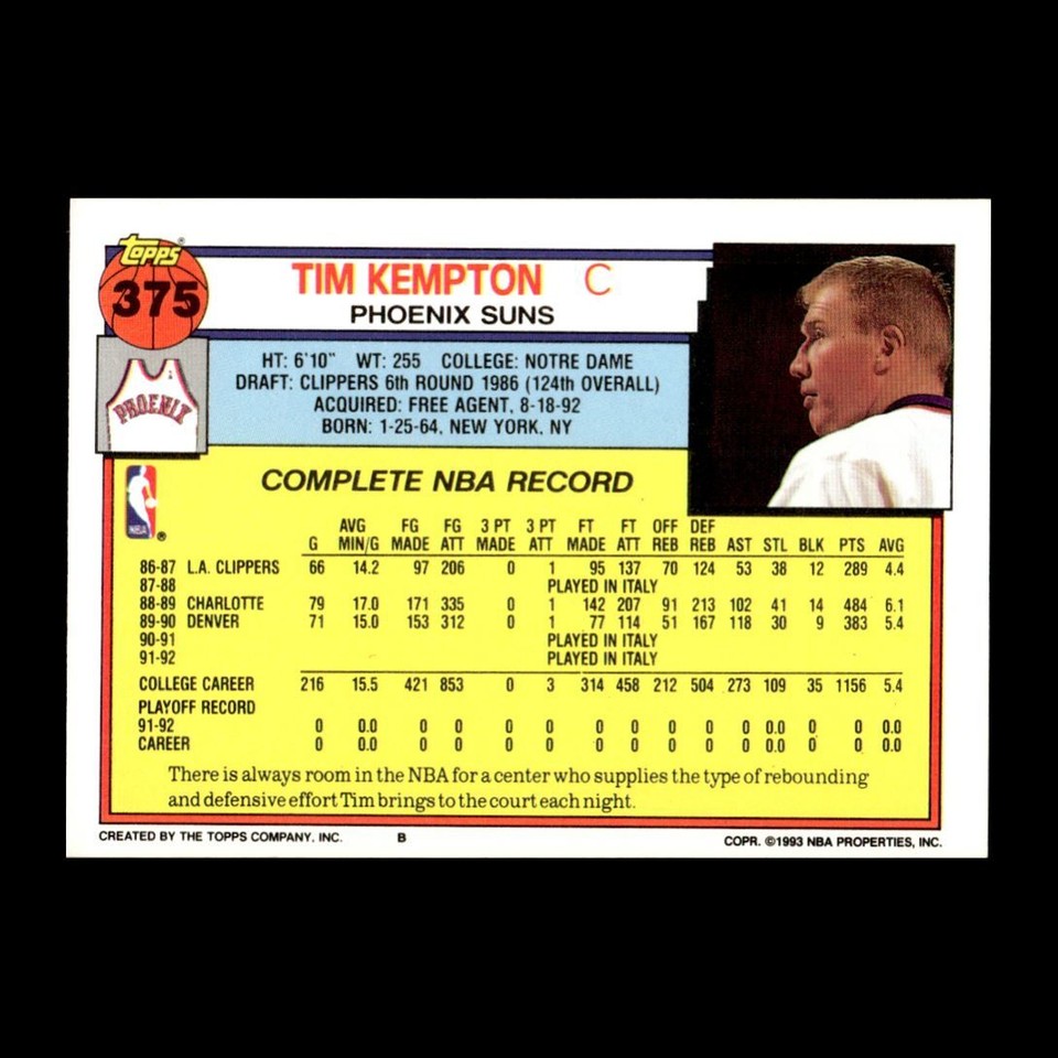 Tim Kempton 1993-94 Topps Phoenix Suns #375 R328O 87 | eBay