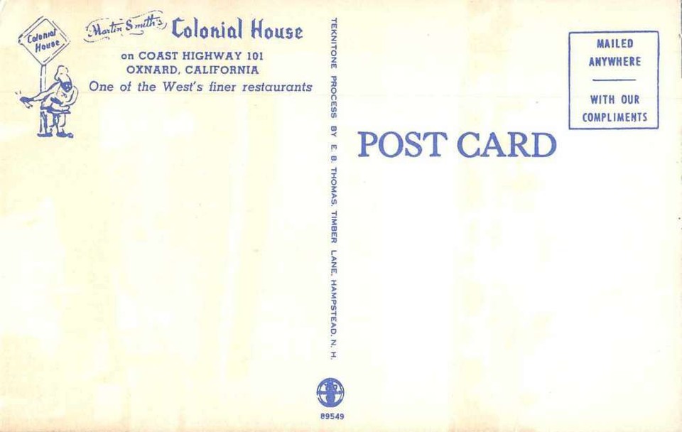 Oxnard California Colonial House Restaurant Vintage Postcard JF235278 ...