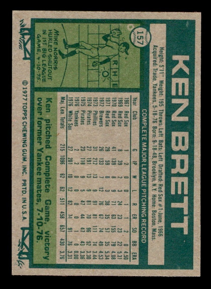 1977 Topps Baseball #157 Ken Brett NM *d4 | eBay