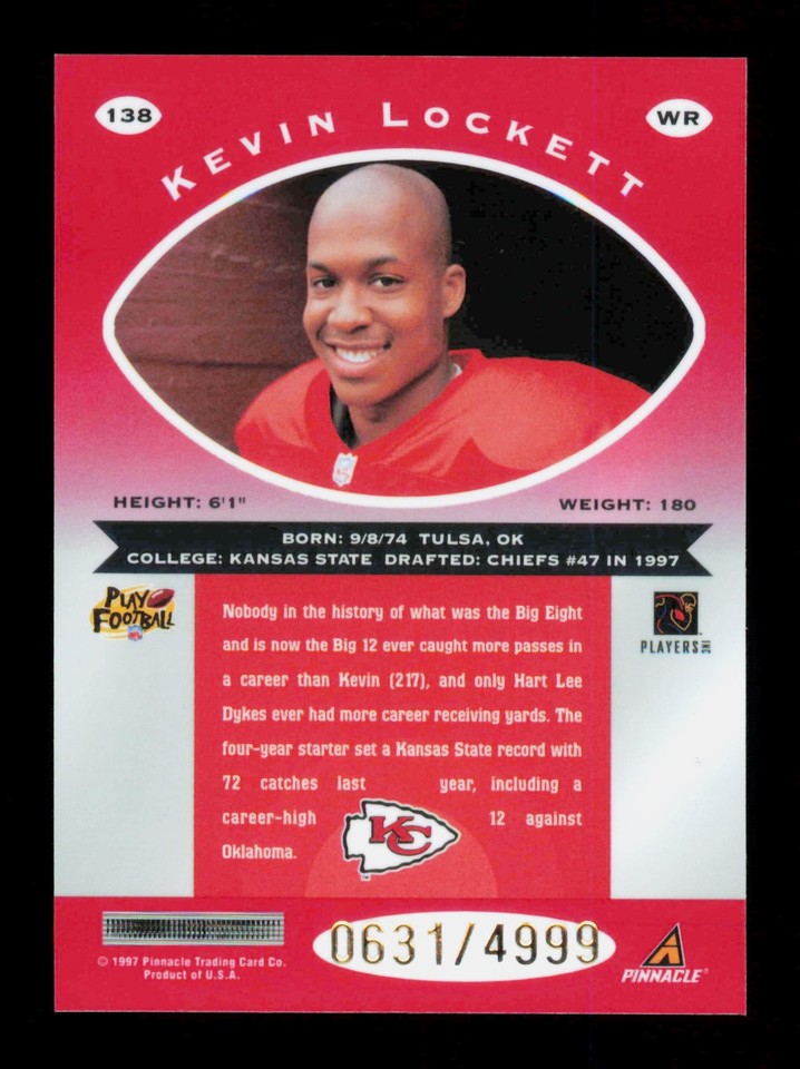 1997 Pinnacle Totally Certified #138 Kevin Lockett /4999 Rookie Chiefs ...