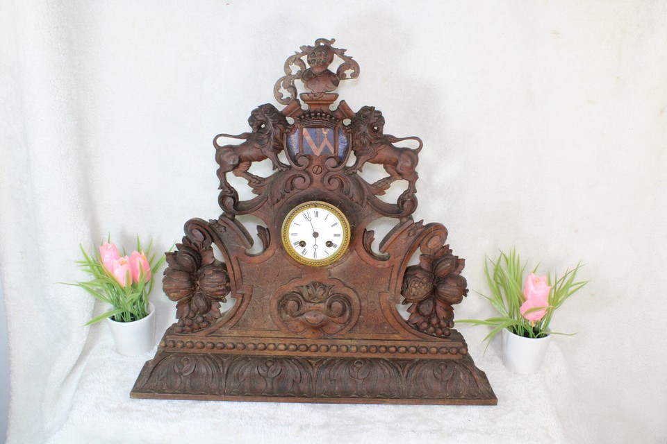 Antique 19th Black forest wood carved knight lions mantel clock rare | eBay