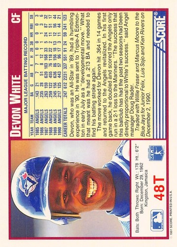 Devon White 1991 Score Rookie & Traded 48T Toronto Blue Jays Baseball ...