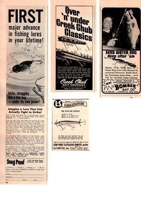 1971 FISHING LURES AD LOT (4), L&S , SNAG PROOF TORQUE LURE, BOMBER ...
