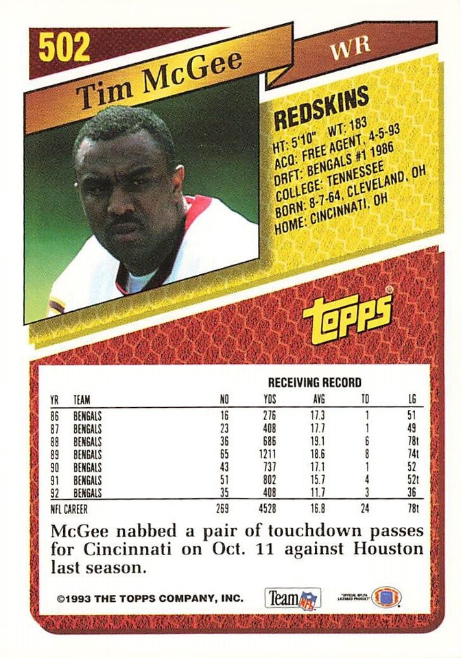 1993 Topps #502 Tim McGee Redskins Tennessee | eBay