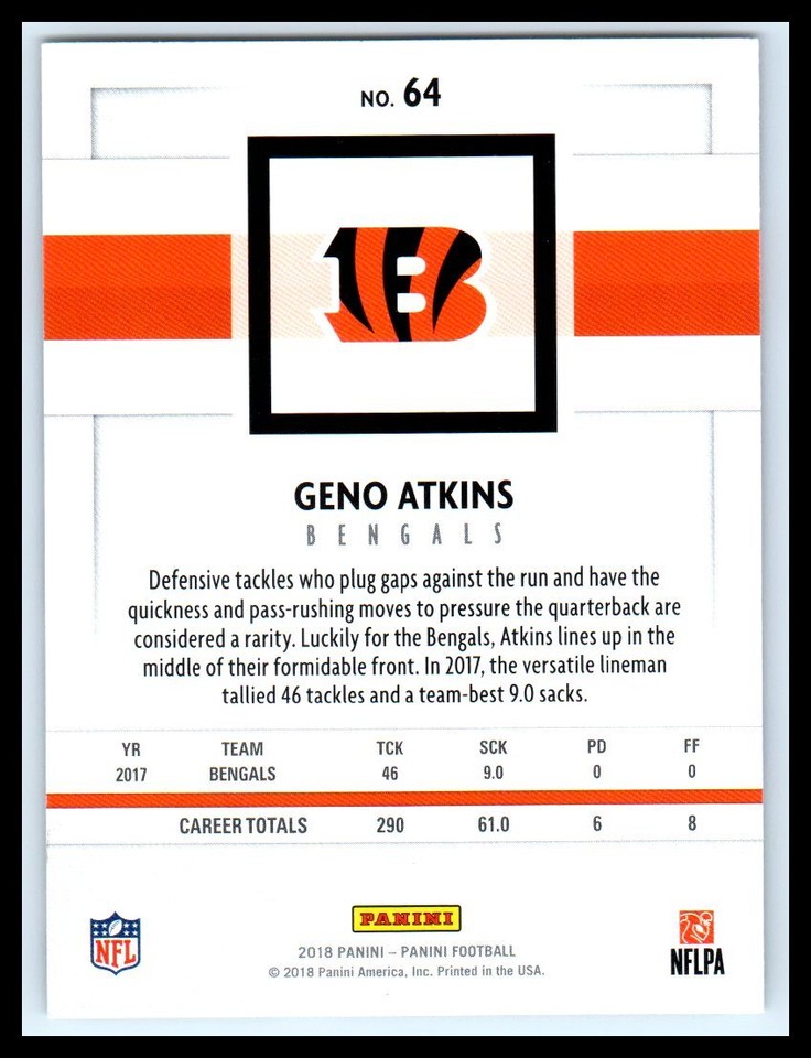 2018 Panini #64 Geno Atkins Near mint or better Football Card | eBay