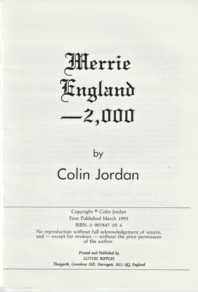 Colin Jordan Merrie England 1993 ITP BNP NF BM C18 Very Rare Indeed ...