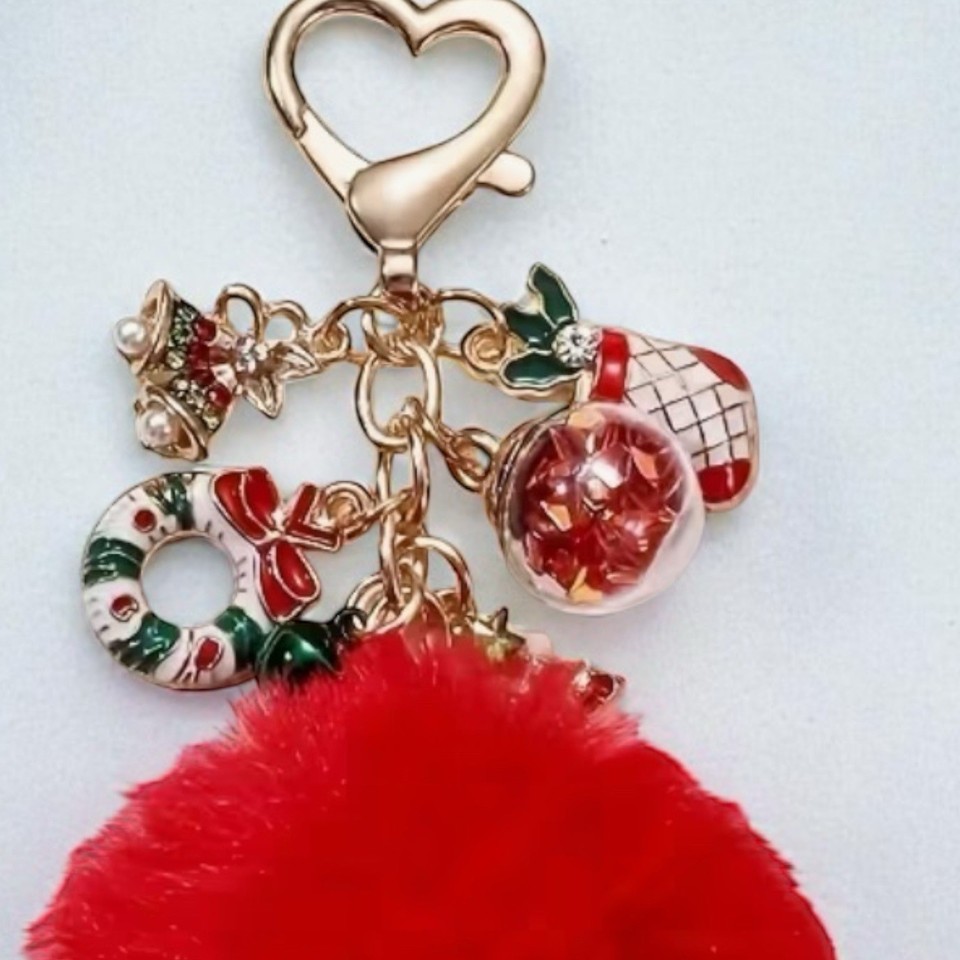 Christmas Pom Pom Purse Charm /Key Ring- Red - Tree Wreath Stocking ...