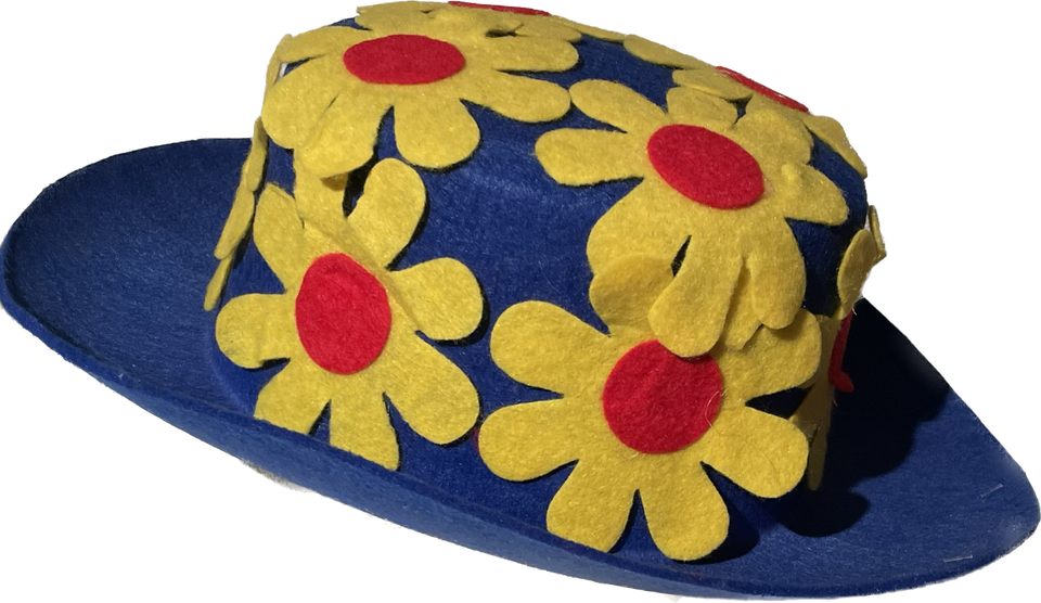 BLUE CLOWN DAISY DERBY HAT Costume Cap Funny Adult Bowler Yellow ...