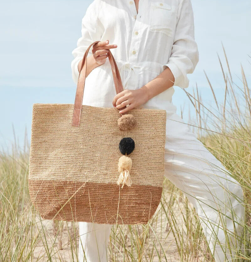 Mar Y Sol Montauk Sand Colorblock Raffia Handmade Tote Bag - MSRP $165. ...