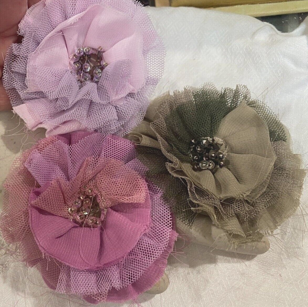 vintage applique boho flower layered netting beads hand sewn 3.5 ...