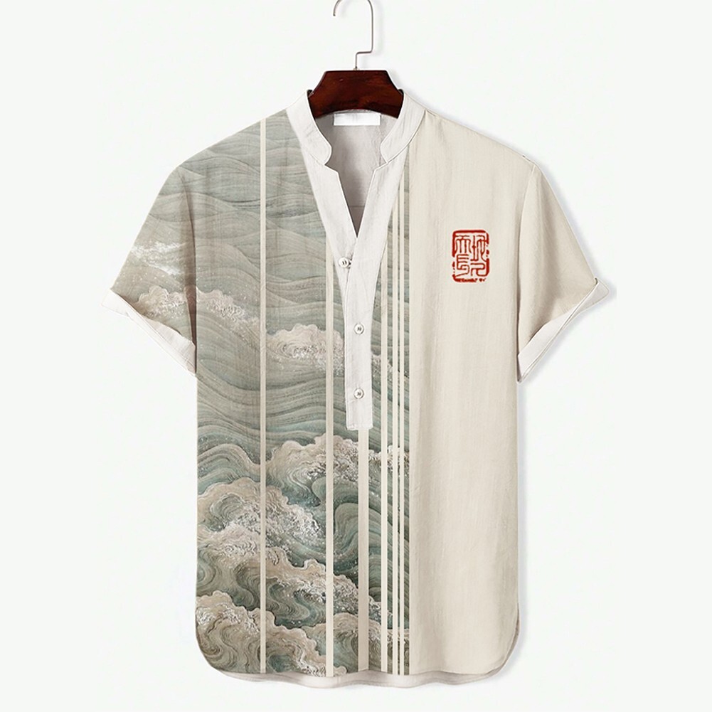 Short Sleeve Button V Neck Casual Japanese Art Print Shirt Tops Tee for ...