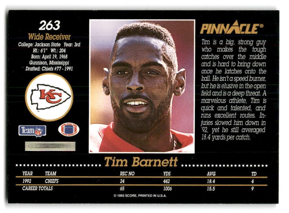 Tim Barnett 1993 Pinnacle #263 Kansas City Chiefs FOOTBALL | eBay
