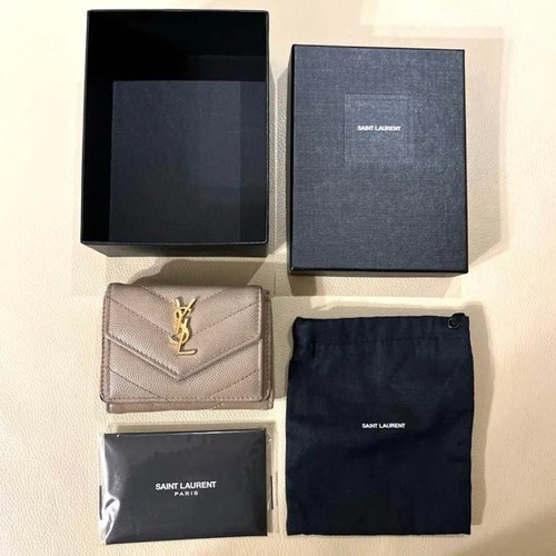 Yves Saint Laurent Trifold Wallet Beige leather YSL gold logo Used | eBay