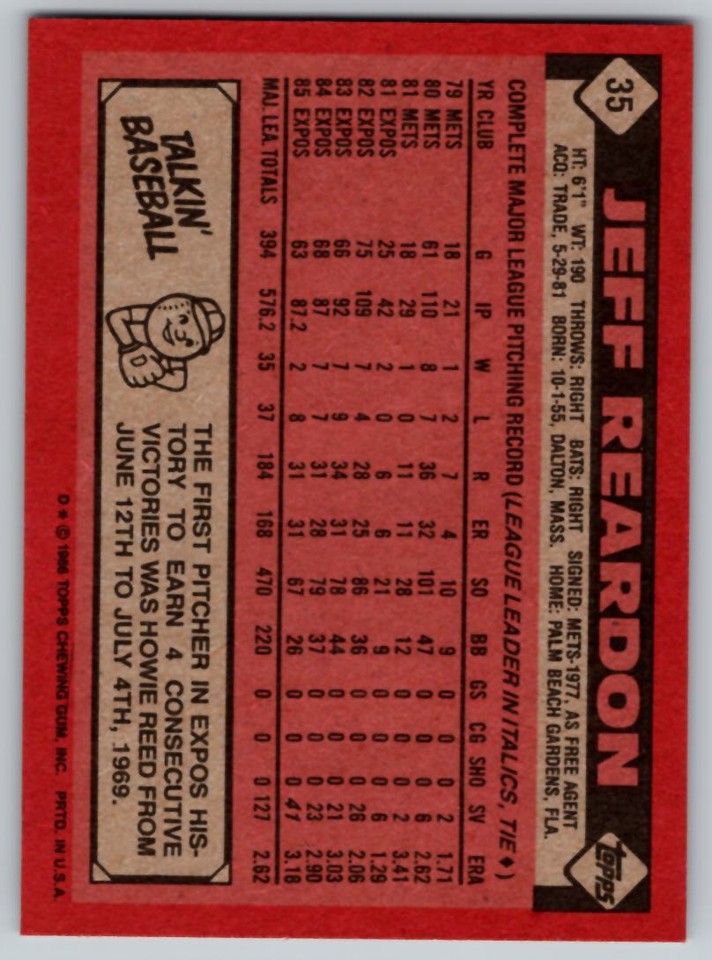 1986 Topps #35 Jeff Reardon Montreal Expos | eBay