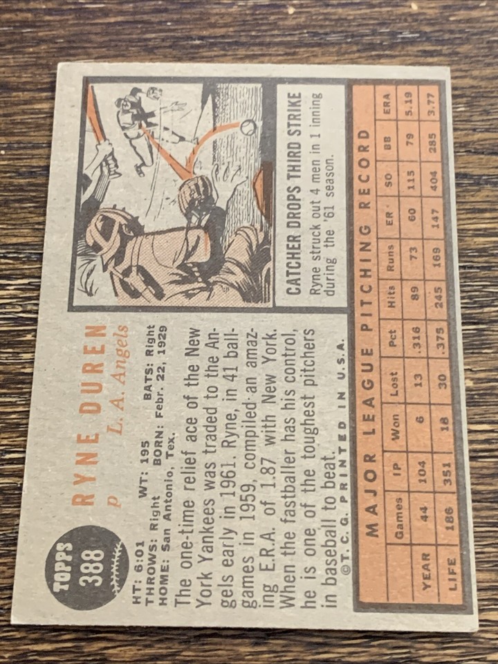 1962 TOPPS RYNE DUREN #388 ANGELS EX-MT OR BETTER | eBay