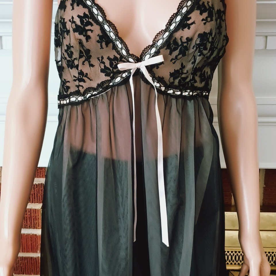 Vtg Chase Long Nightgown & Robe M Brown Sheer Lace Trim Long Puff Sleeves Lined | eBay