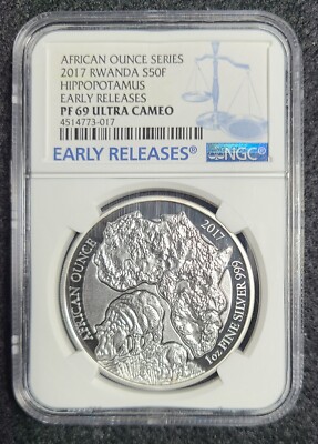 2017 Rwanda Wildlife Hippopotamus NGC ER PF69 ULTRA CAMEO 1 oz .999 ...