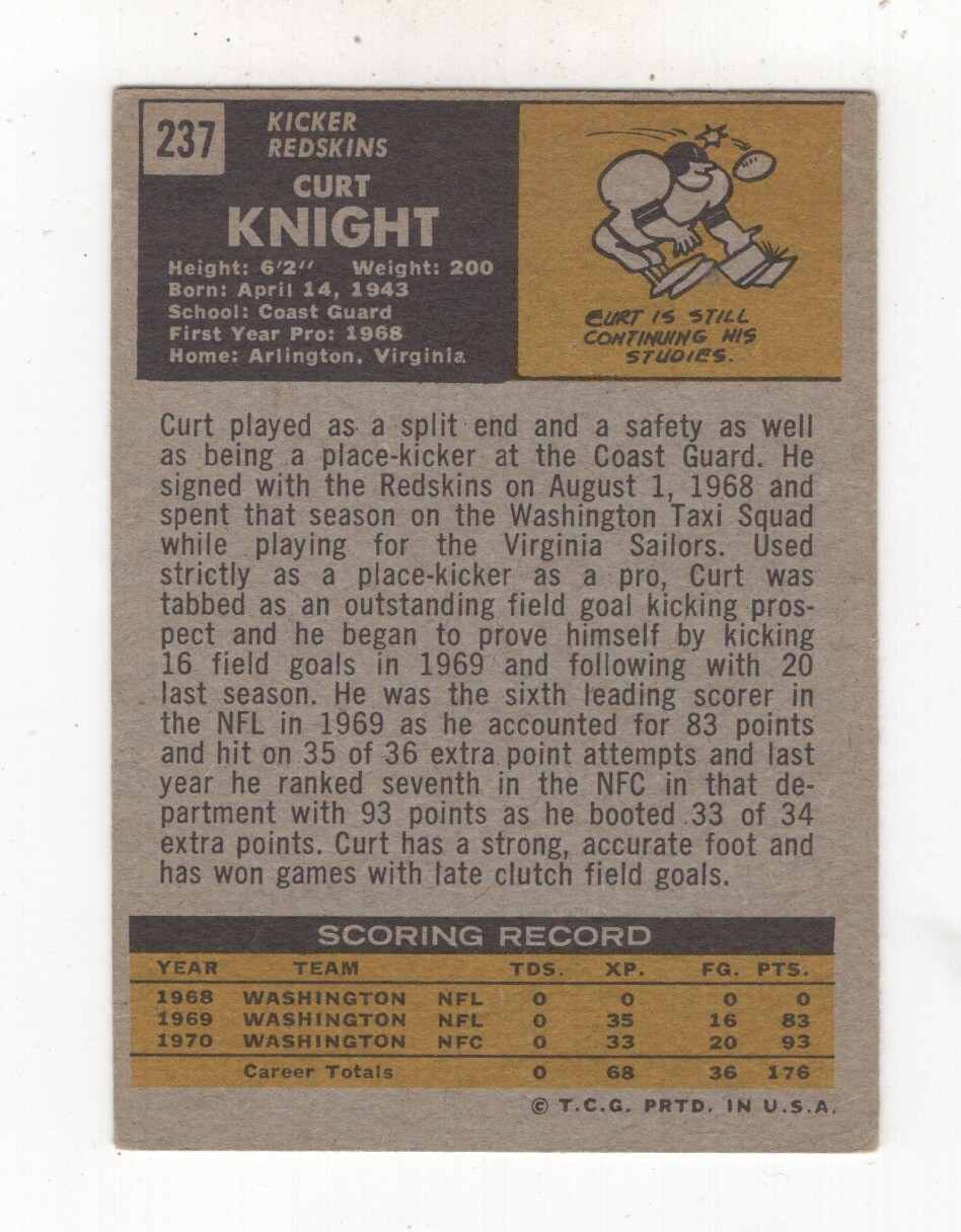 1971 TOPPS FOOTBALL ROOKIE CURT KNIGHT WASHINGTON REDSKINS #237 | eBay