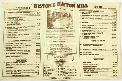 Original Vintage Menu HISTORIC CLIFTON MILL Restaurant Clifton Ohio ...