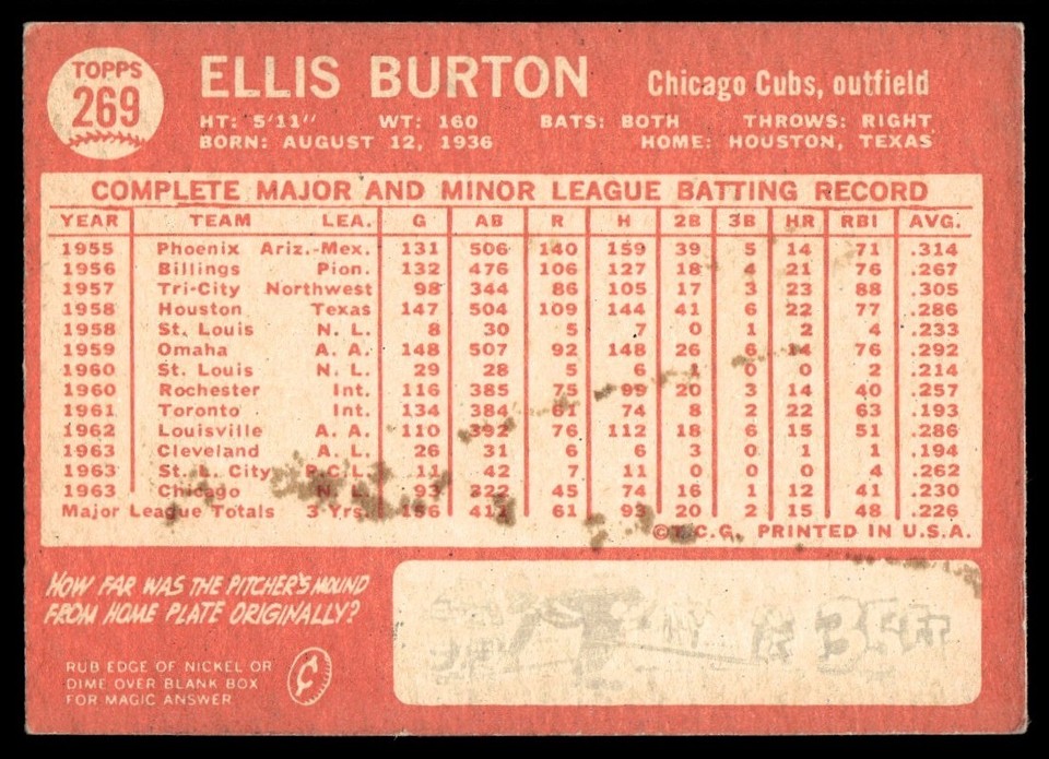1964 Topps Ellis Burton Chicago Cubs #269 | eBay