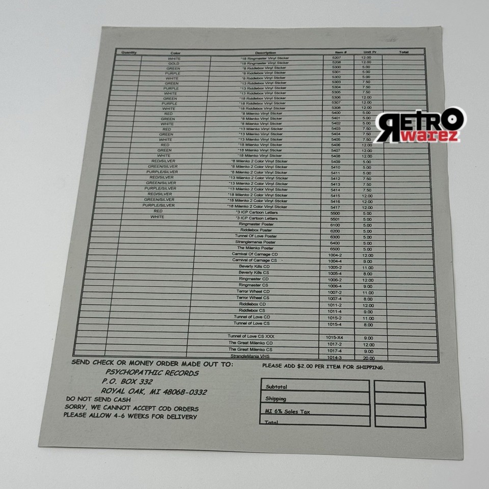 Insane Clown Posse 1998 Merchandise Order Form 8.5x11” ICP flyer merch ...