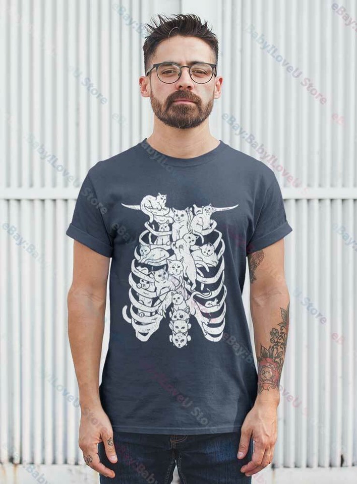 Cat Rib Cage T-Shirt Kitty Chest Skeleton Skull Funny Animal Gift Men ...