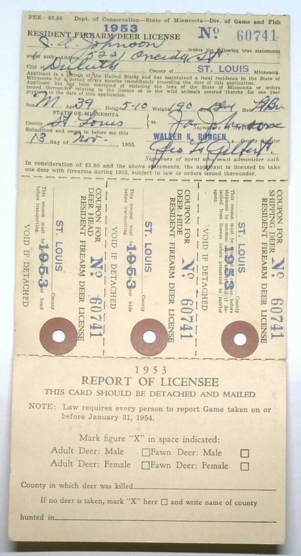 1953 Duluth Minnesota Resident Firearm Deer Hunting License With Tags ...