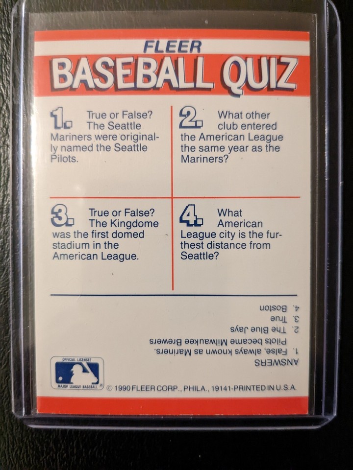 1990 Fleer Action Series Quiz/Sticker - Seattle Mariners NICE CARD! ⚾ ...