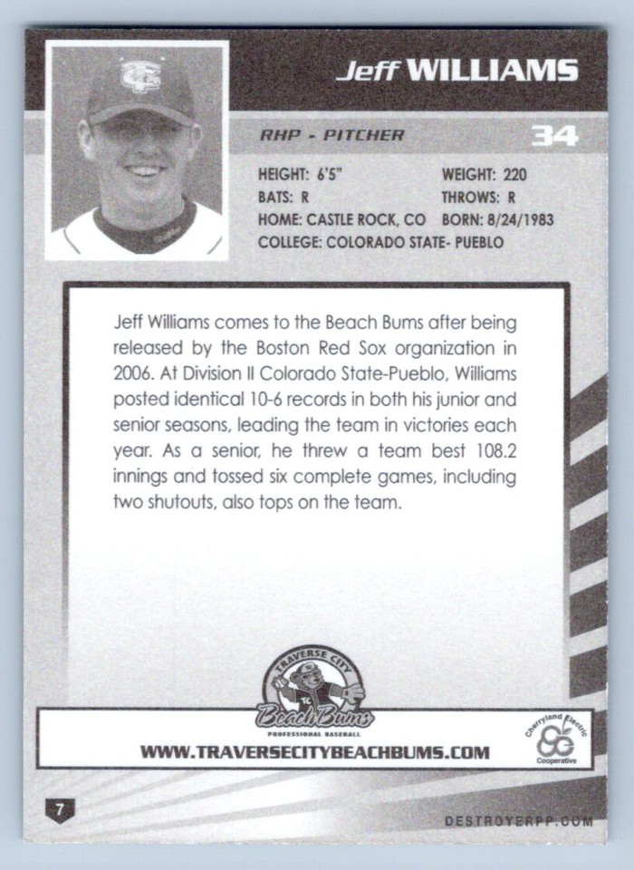 Jeff Williams 2007 Traverse City Beach Bums Baseball Card | eBay