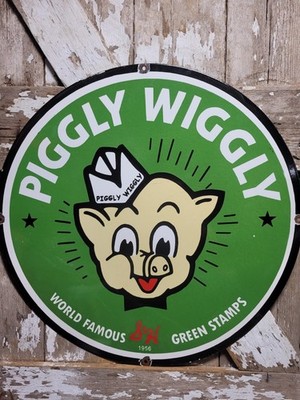 VINTAGE PIGGLY WIGGLY PORCELAIN SIGN OLD 30 GROCERY STORE FOOD GREEN ...