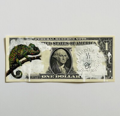 Chameleon genuine 1/1 dollar art signed Emo banksy Harring martin ...