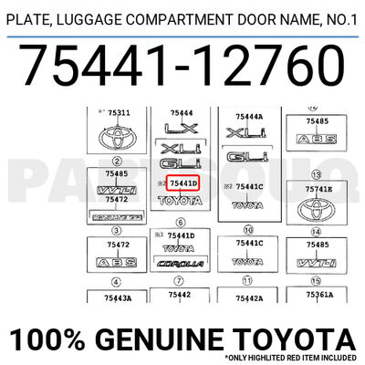 7544112760 Genuine Toyota PLATE, LUGGAGE COMPARTMENT DOOR NAME, NO.1 ...