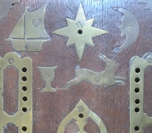 Antique Cribbage Board, Walnut, Brass Rabbits, Busts, Train, Moon ...